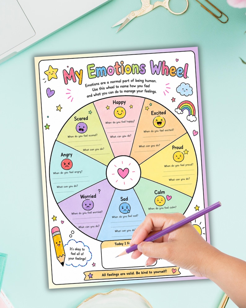 Emotions Wheel Worksheet: Kids Self-regulation, ADHD Skills, Summer Fun ...