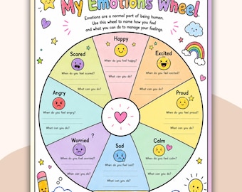 Emotions Wheel Worksheet: Kids Self-regulation, ADHD Skills, Summer Fun ...
