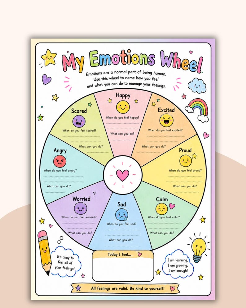 Emotions Wheel Worksheet: Kids Self-regulation, ADHD Skills, Summer Fun ...