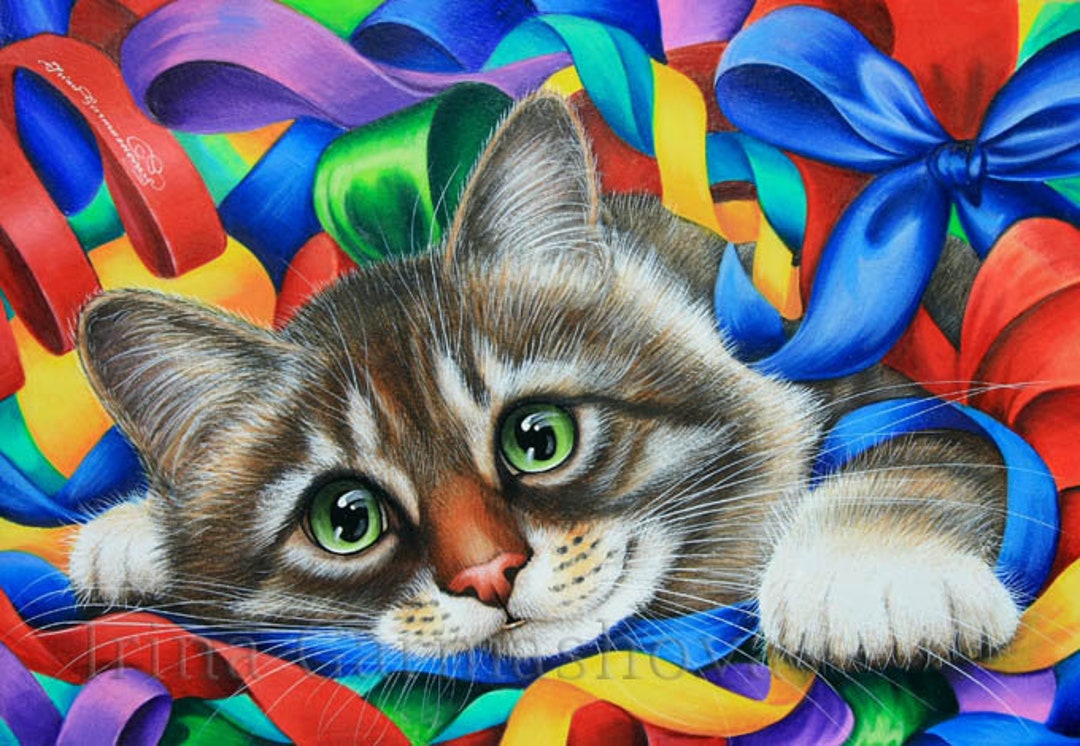 Tabby Cat Print Colourful Ribbons by Irina Garmashova - Etsy