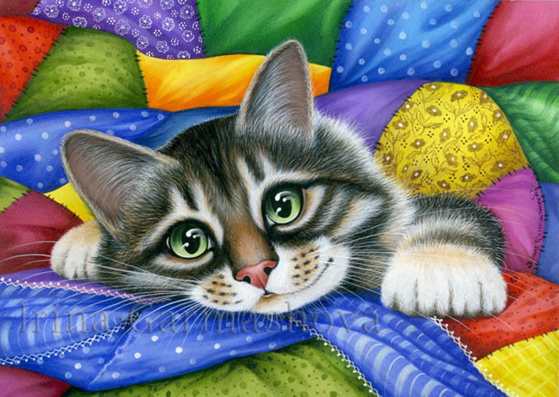 Tabby Cat Print Colourful Patchwork by Irina Garmashova - Etsy