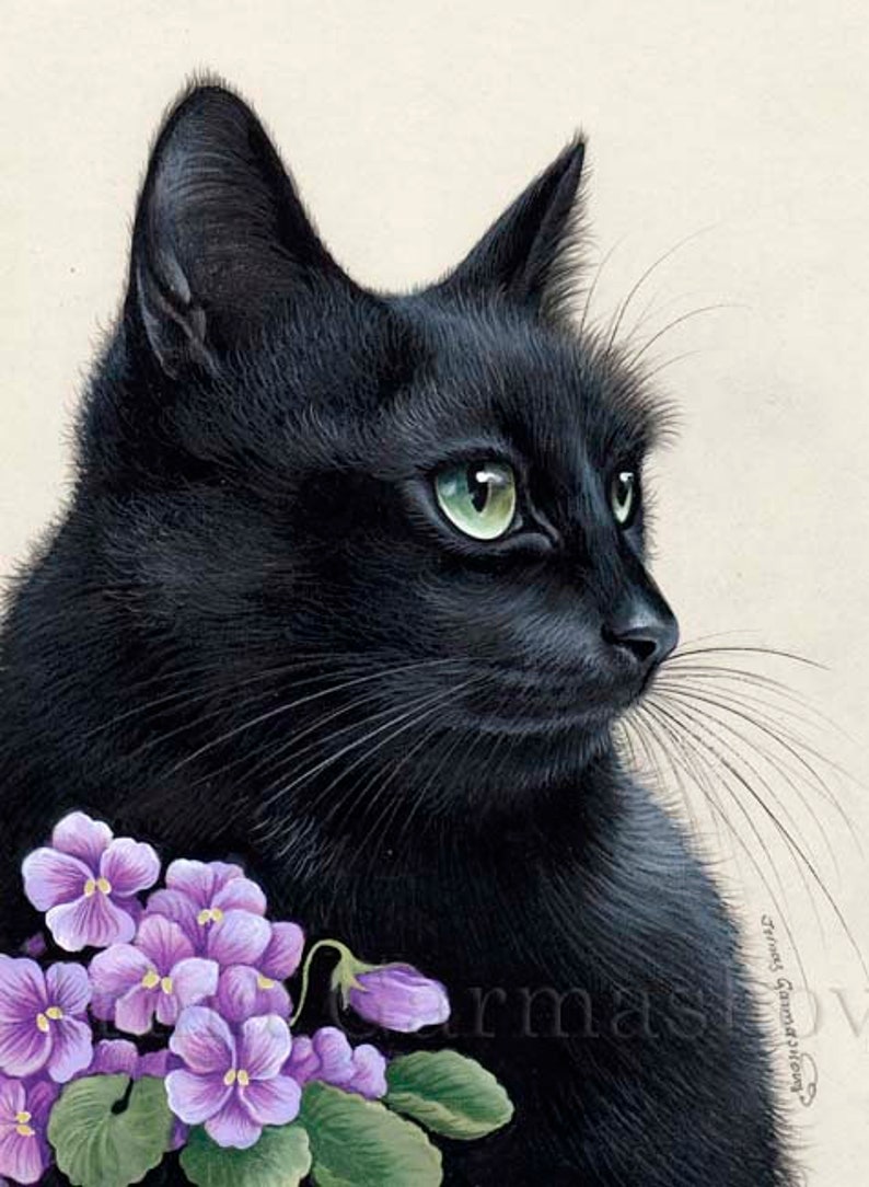 Black Cat Print Violets by Irina Garmashova | Etsy