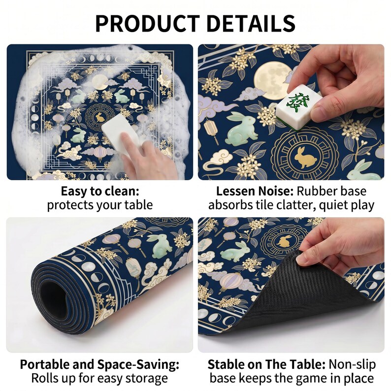 Navy Moon Rabbit Mahjong Mat – Lanterns, Clouds, Blossoms, Moon Phases ...