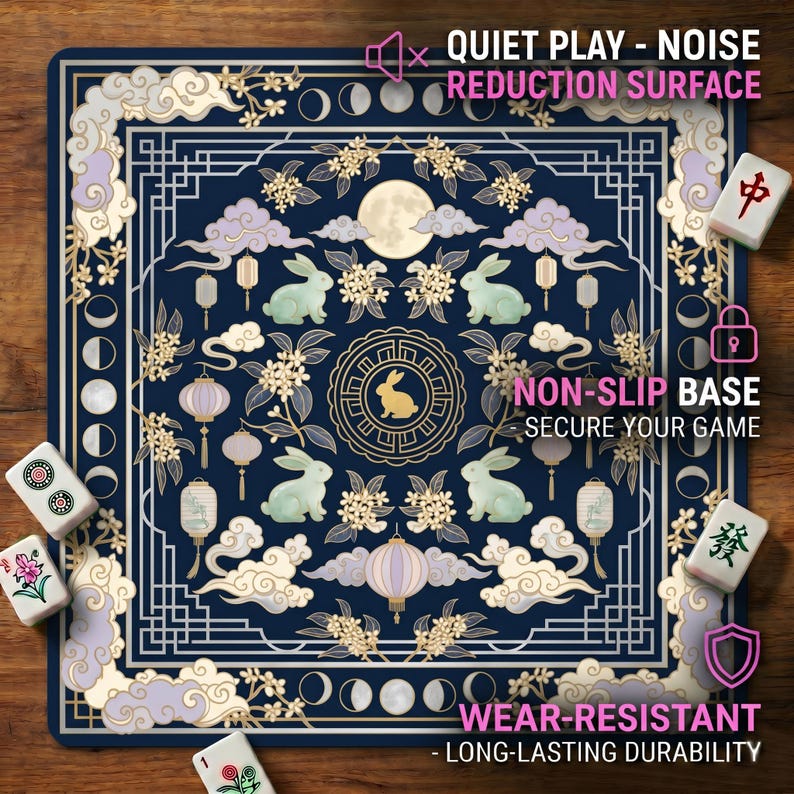 Navy Moon Rabbit Mahjong Mat – Lanterns, Clouds, Blossoms, Moon Phases ...