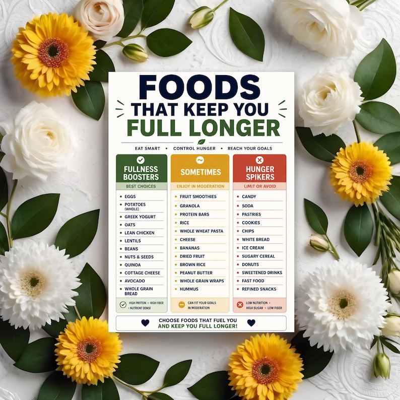 Fullness Foods Chart, Satiety Nutrition Guide, Hunger Control (digital ...