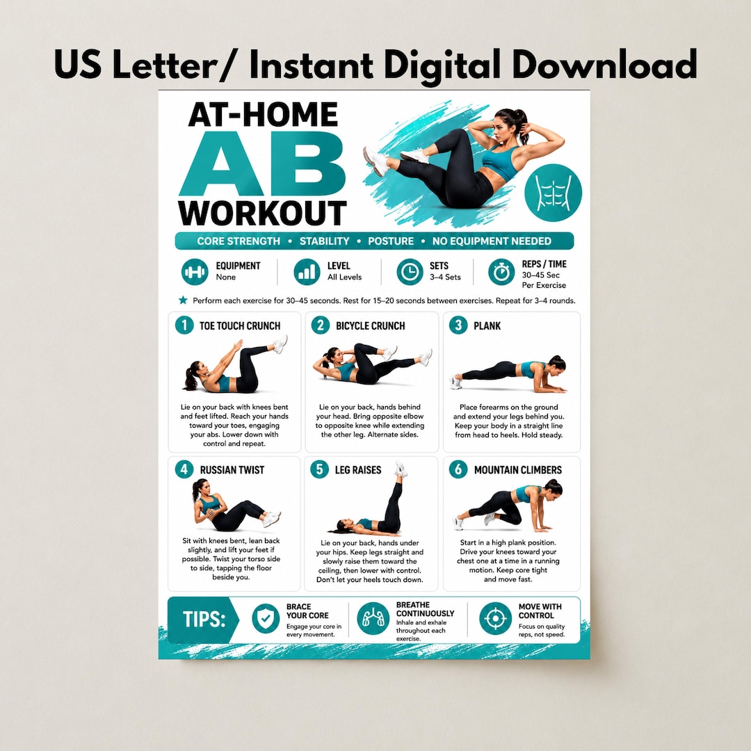 At-home Ab Workout Poster, No Equipment Core Training Guide (US Letter ...