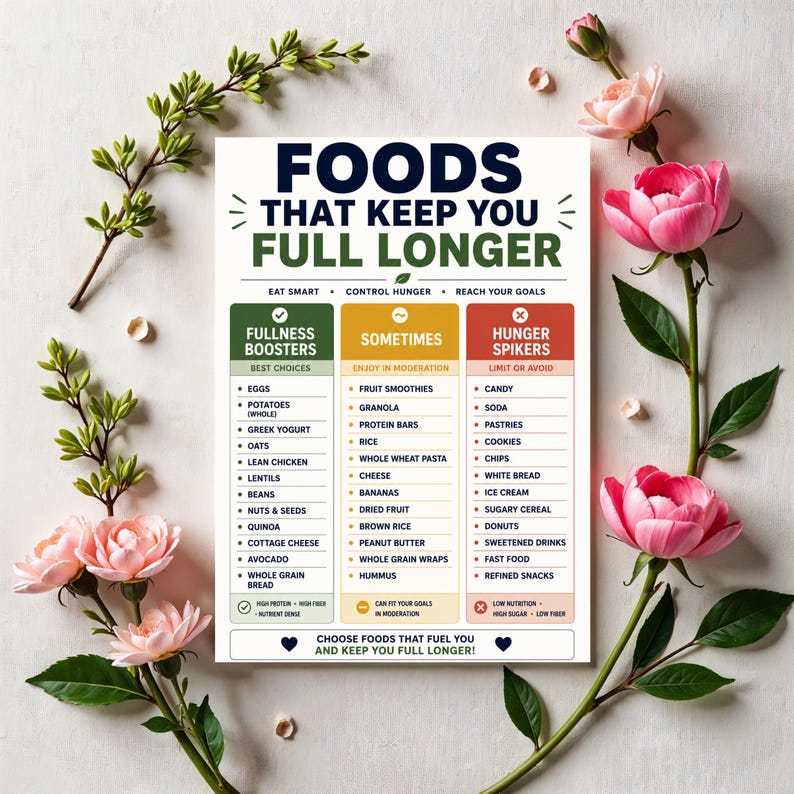 Fullness Foods Chart, Satiety Nutrition Guide, Hunger Control (digital ...
