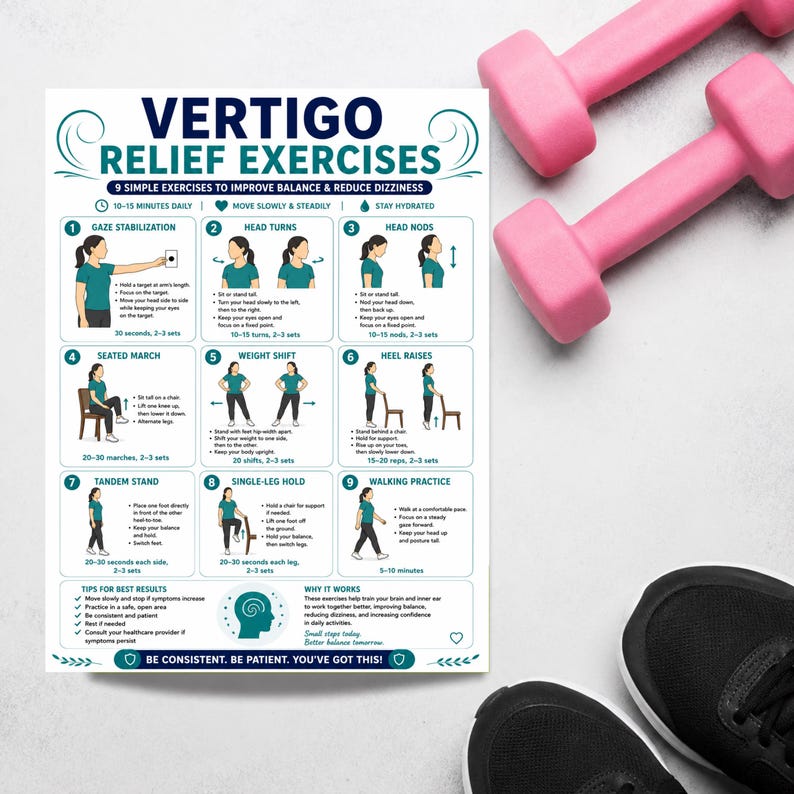 Vertigo Relief Exercises Chart, Balance & Dizziness Guide (US Letter ...