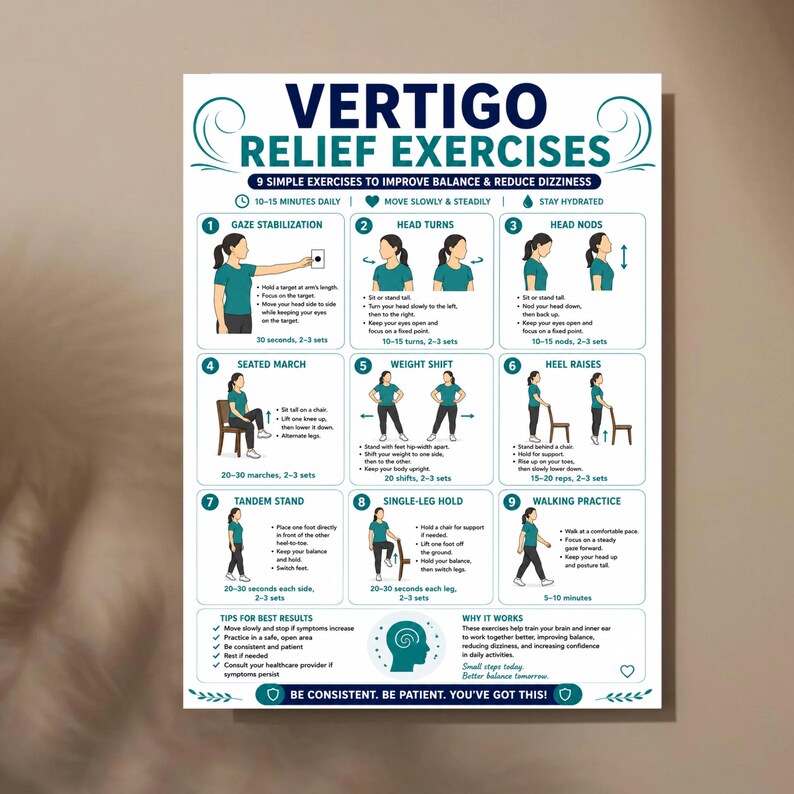 Vertigo Relief Exercises Chart, Balance & Dizziness Guide (US Letter ...