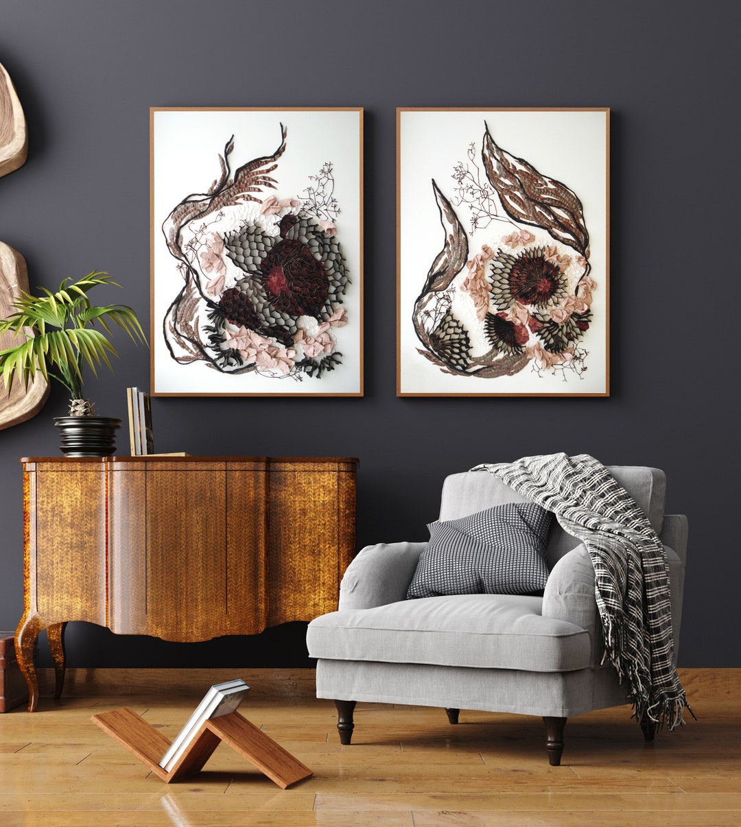 Dark Floral Art, Wall Art Flowers Decor, Floral Pictures, Mixed Media ...