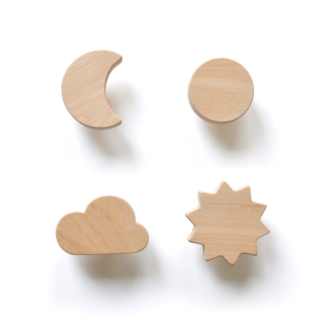 Wooden Drawer Knobs Cloud, Moon, Star, Sun - Nursery Dresser Pulls - Sky Themed Handles for ...