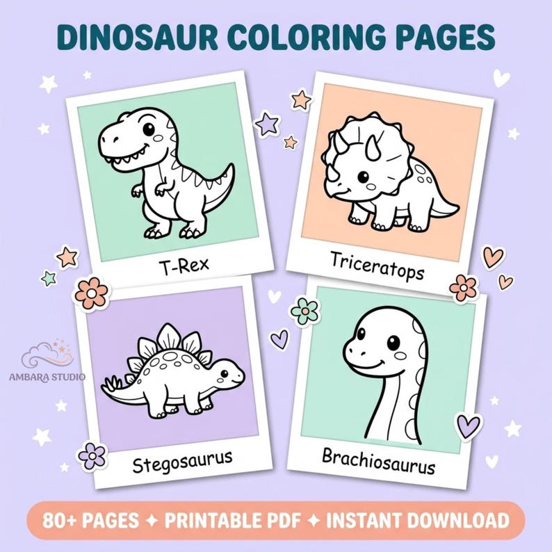 80+ Dinosaur Coloring Pages for Kids | Printable PDF Activity (instant ...