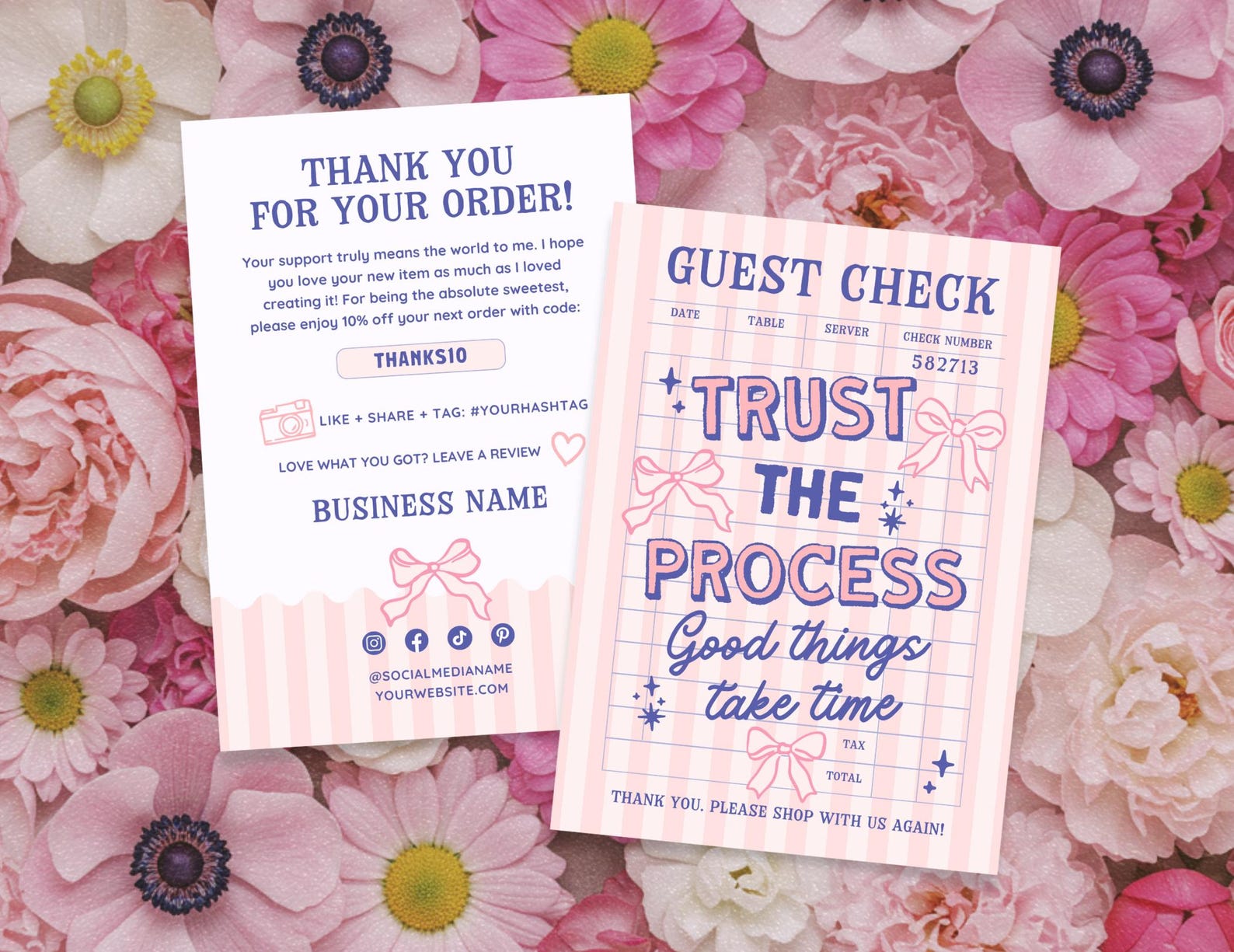 Pink Bow Thank You Card, Preppy Coquette Editable Customer Thank You ...
