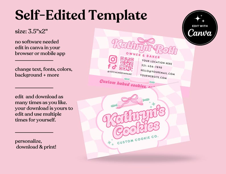 Coquette Bakery Business Card Template QR Code, Preppy Instant Download ...