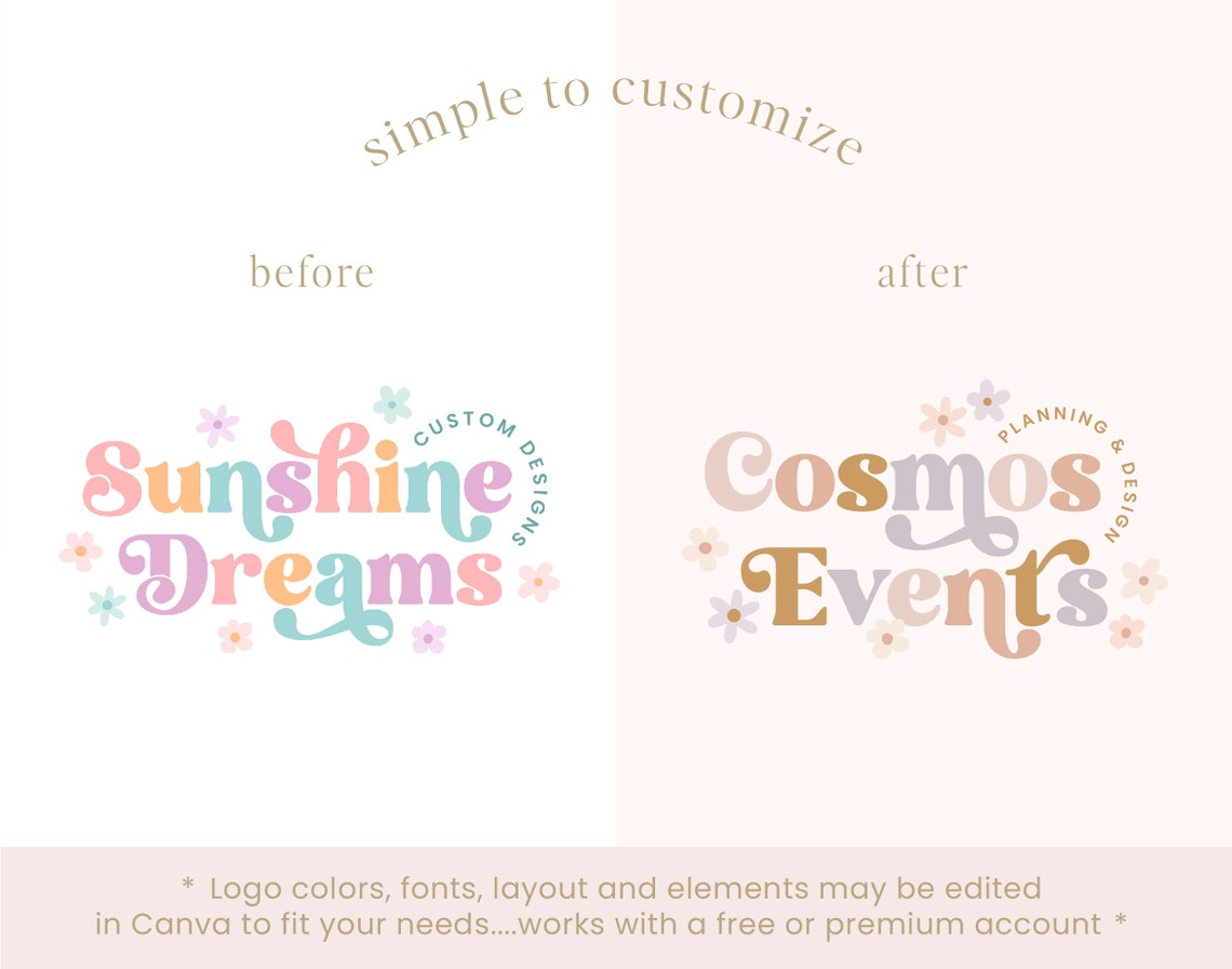 Colorful Boho Flower Logo, Retro Bright Logo Watermark & Submark Kit ...