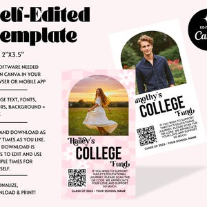 Modern Editable College Fund Card Template, DIY Photo Grad Party QR ...