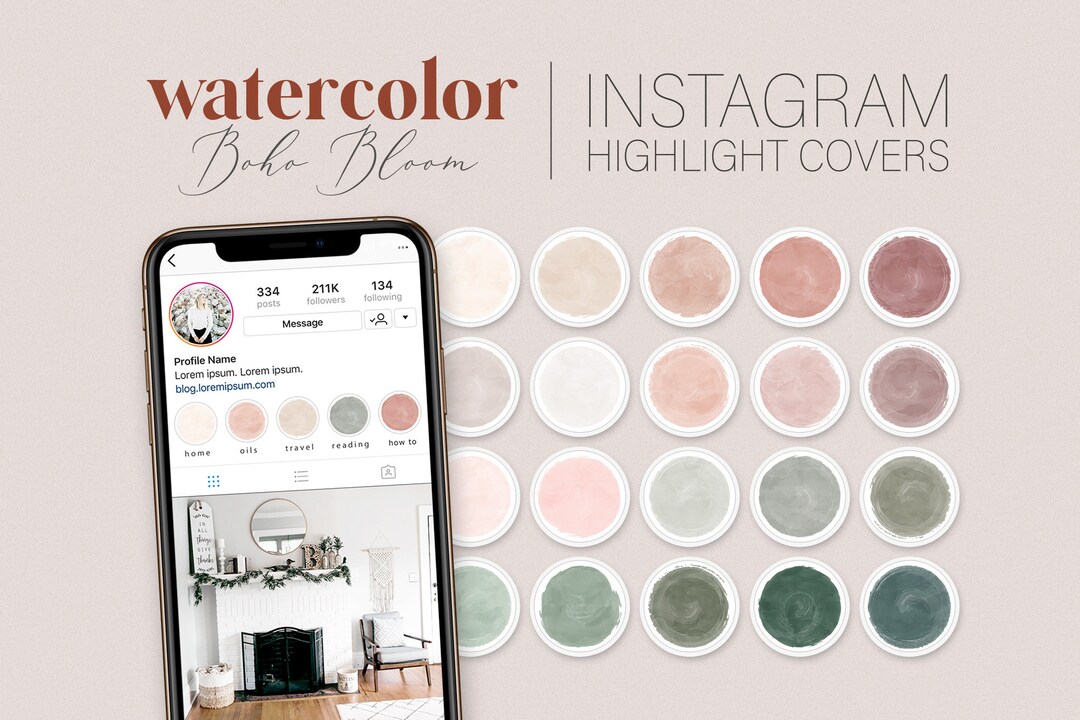 20 Boho Bloom Watercolor Instagram Highlight Covers, Neutral Story ...