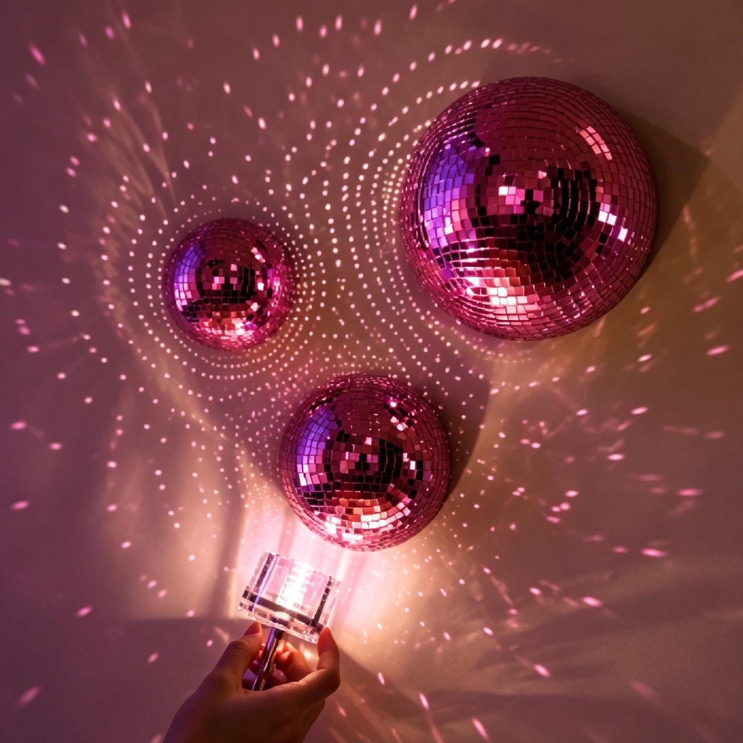 Pink Disco Ball Wall Decor, Set of 3 Mirror Tile Hanging Ornaments, 70s ...