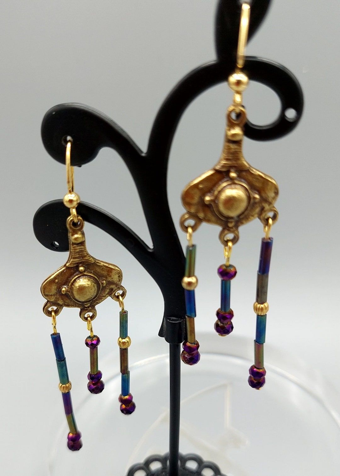 Antiqued Gold, Vintage-look, and Iridescent Bugle Bead Dangle Earring ...