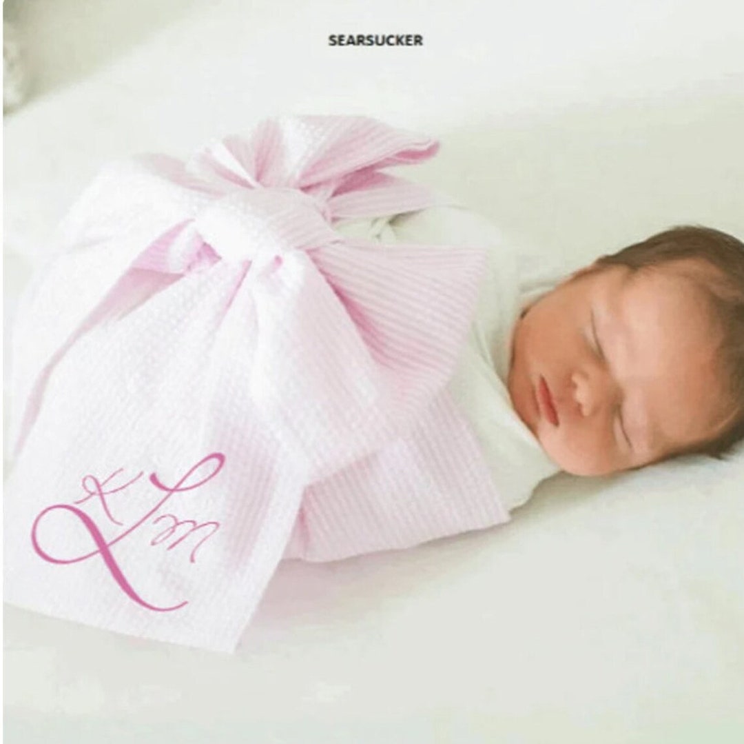 Bowtie swaddle, Sear sucker fabric, first photos, custom embroidery ...