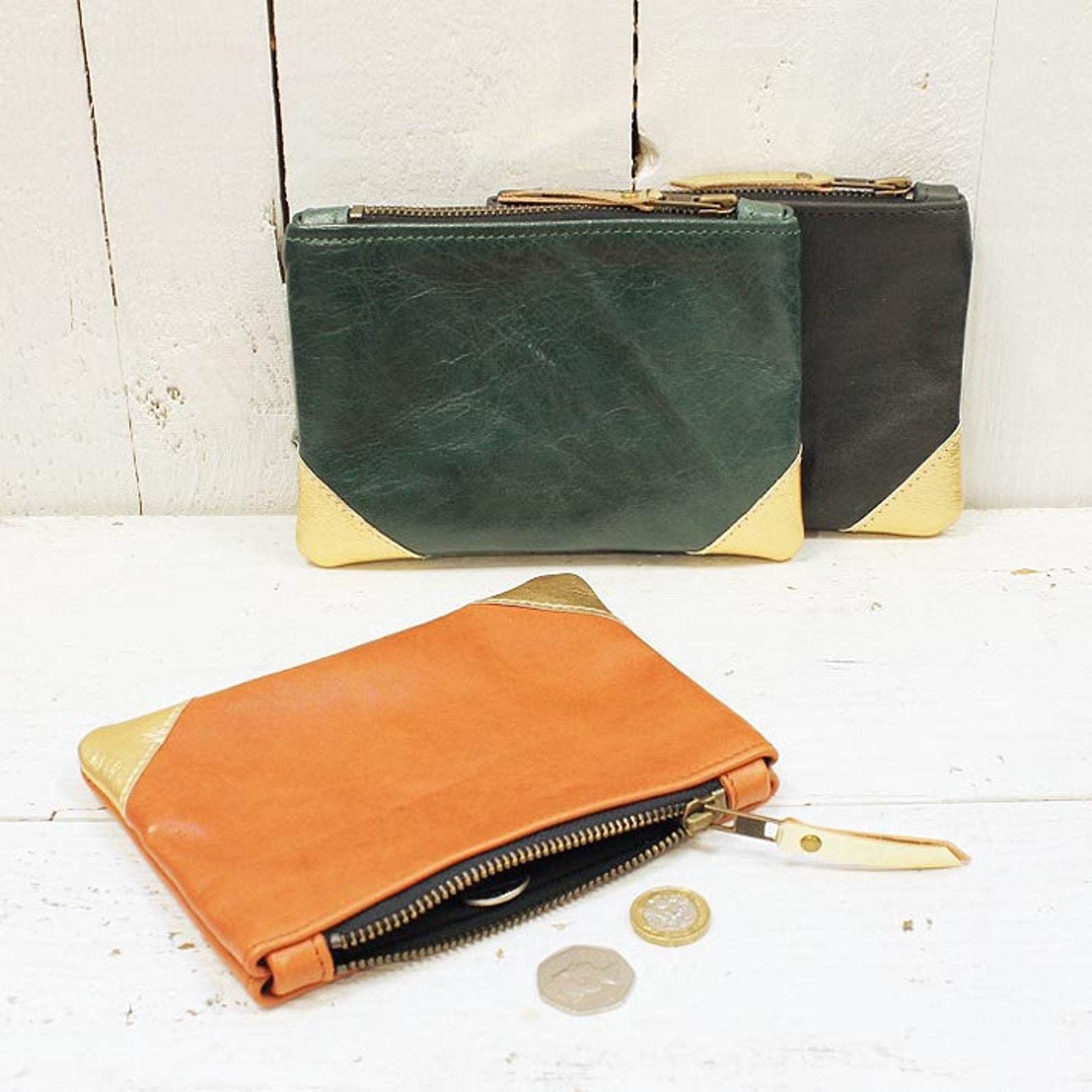 Gold Triangle Corner Leather Purse With Brass Metal Zip and Black ...