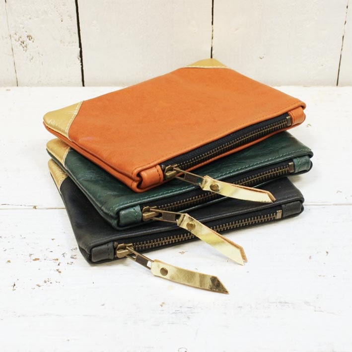 Gold Triangle Corner Leather Purse With Brass Metal Zip and Black ...