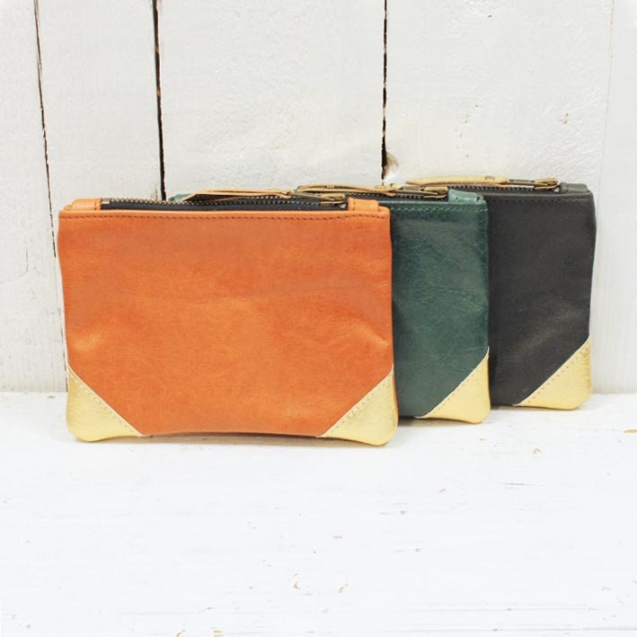 Gold Triangle Corner Leather Purse With Brass Metal Zip and Black ...