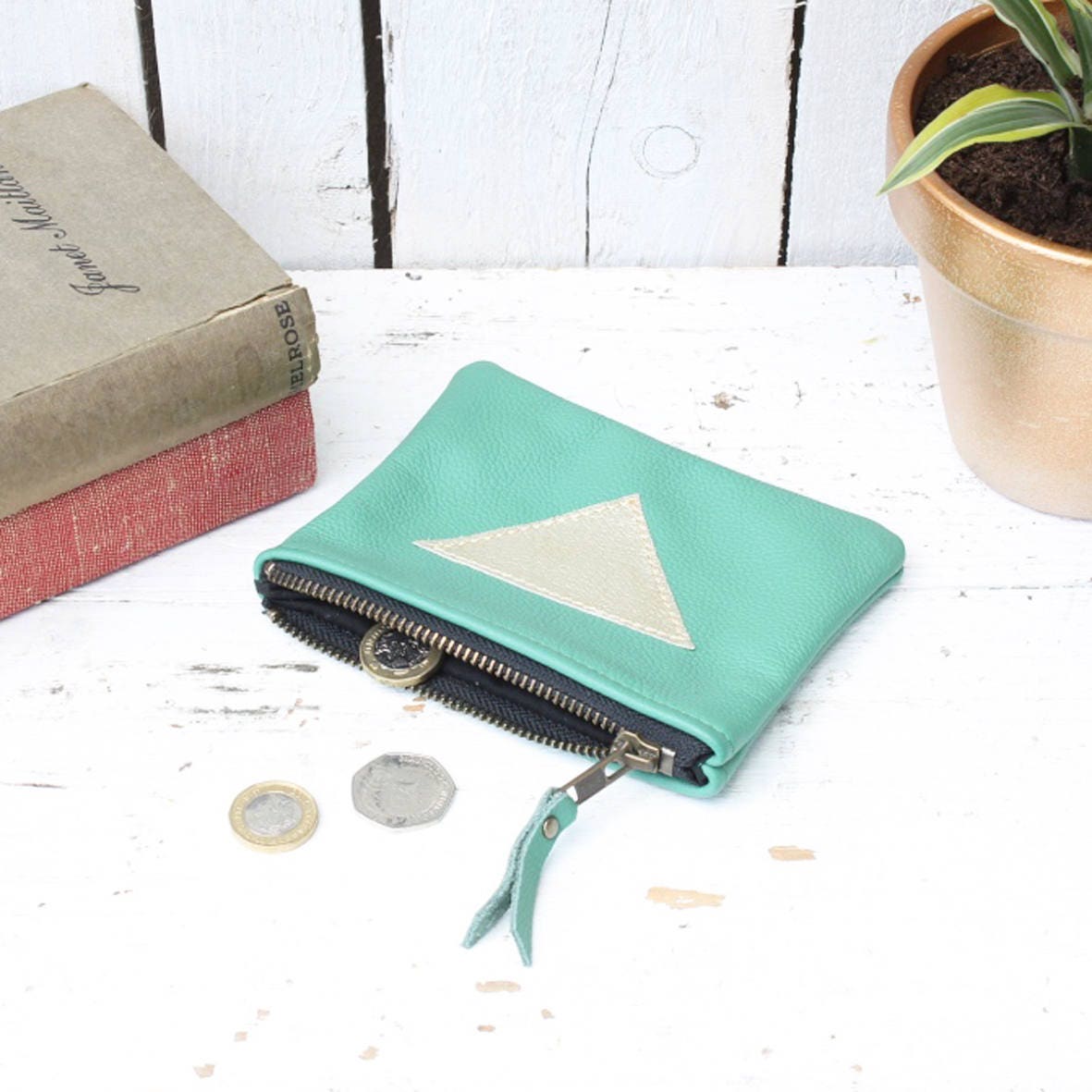 Leather Purse With Gold Triangle Detail Brass Metal YKK Zip - Etsy