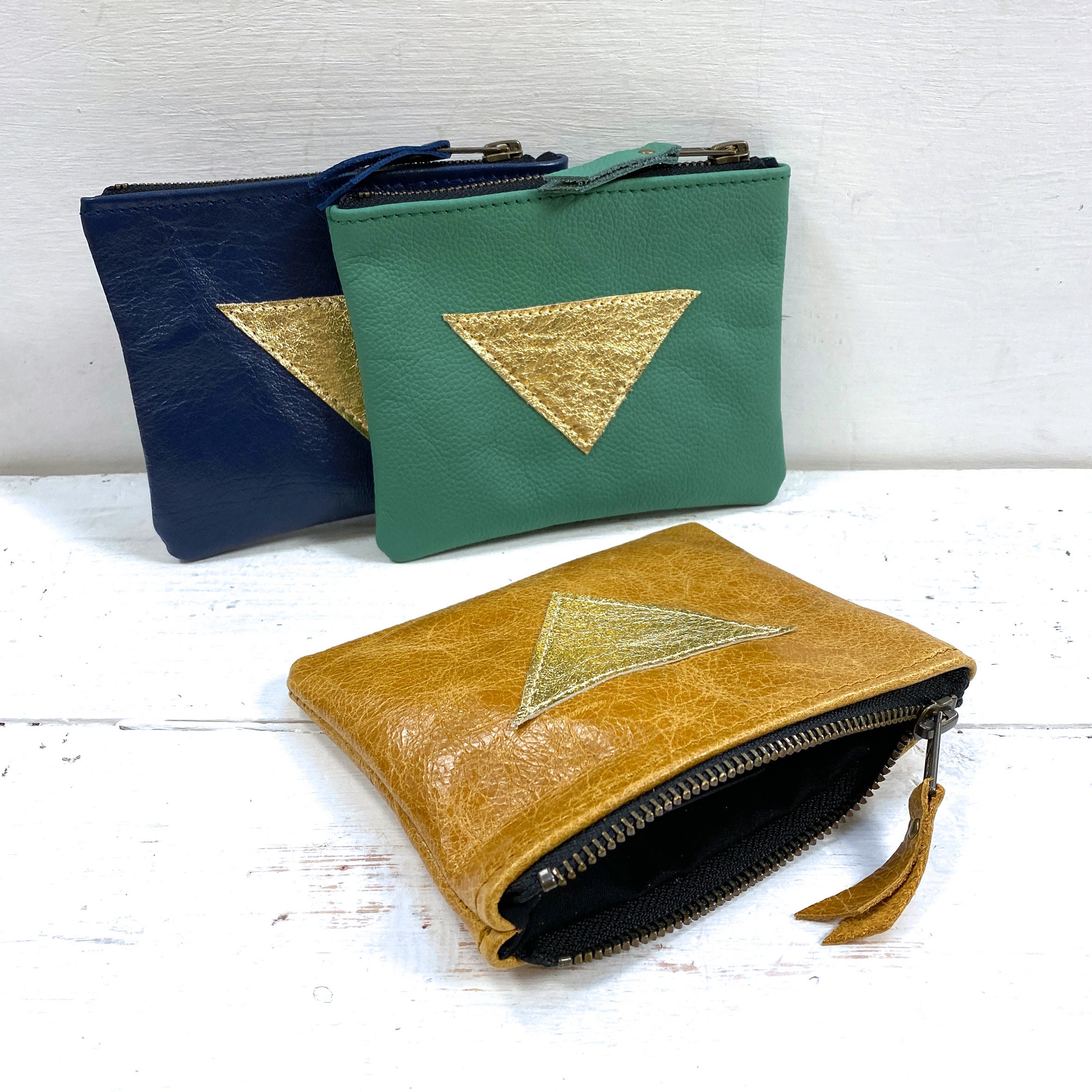 Leather Purse With Gold Triangle Detail Brass Metal YKK Zip - Etsy