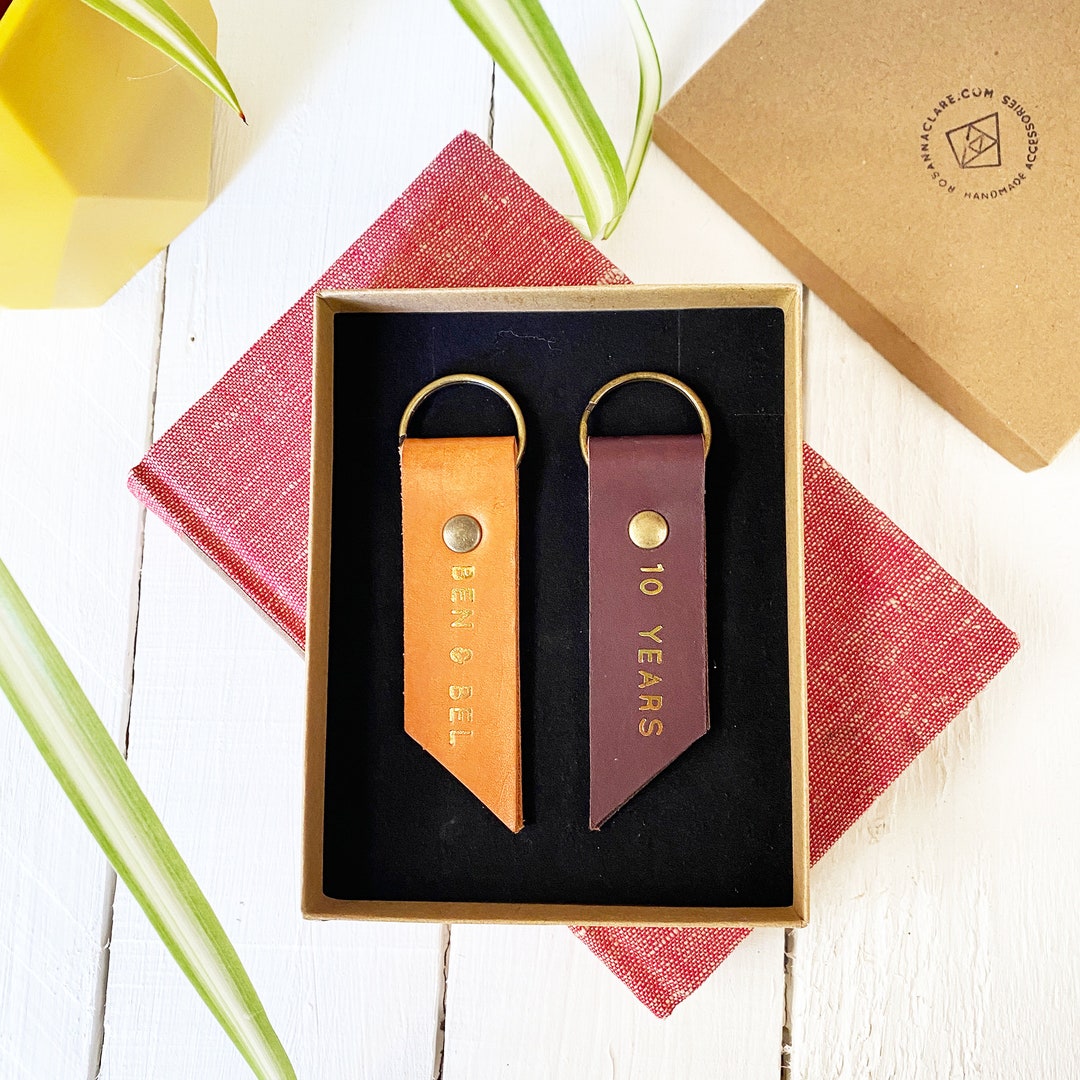 Pair of Leather Key Rings in Gift Box, Veg Tan Leather, Split Loop Key ...