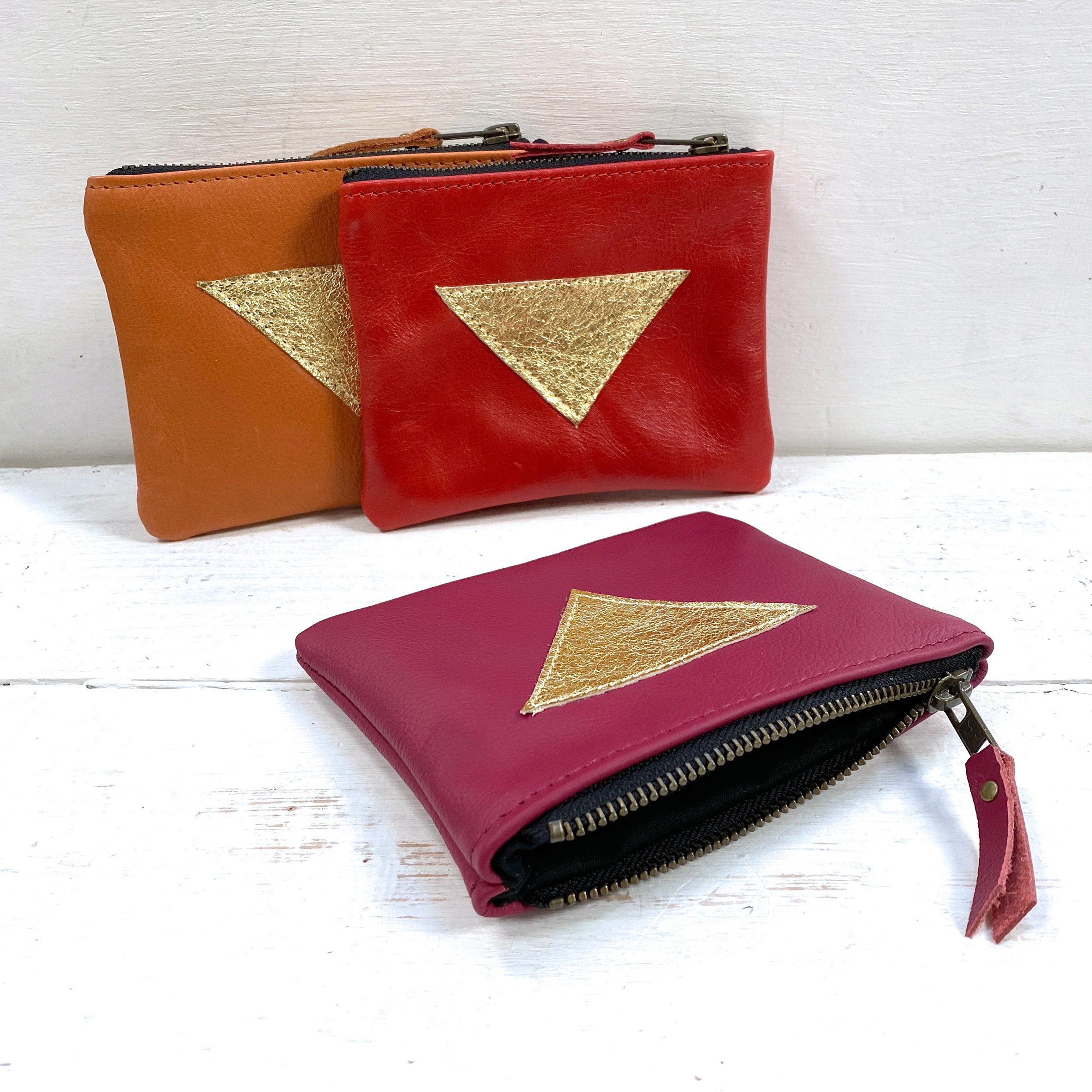 Leather Purse With Gold Triangle Detail Brass Metal YKK Zip - Etsy