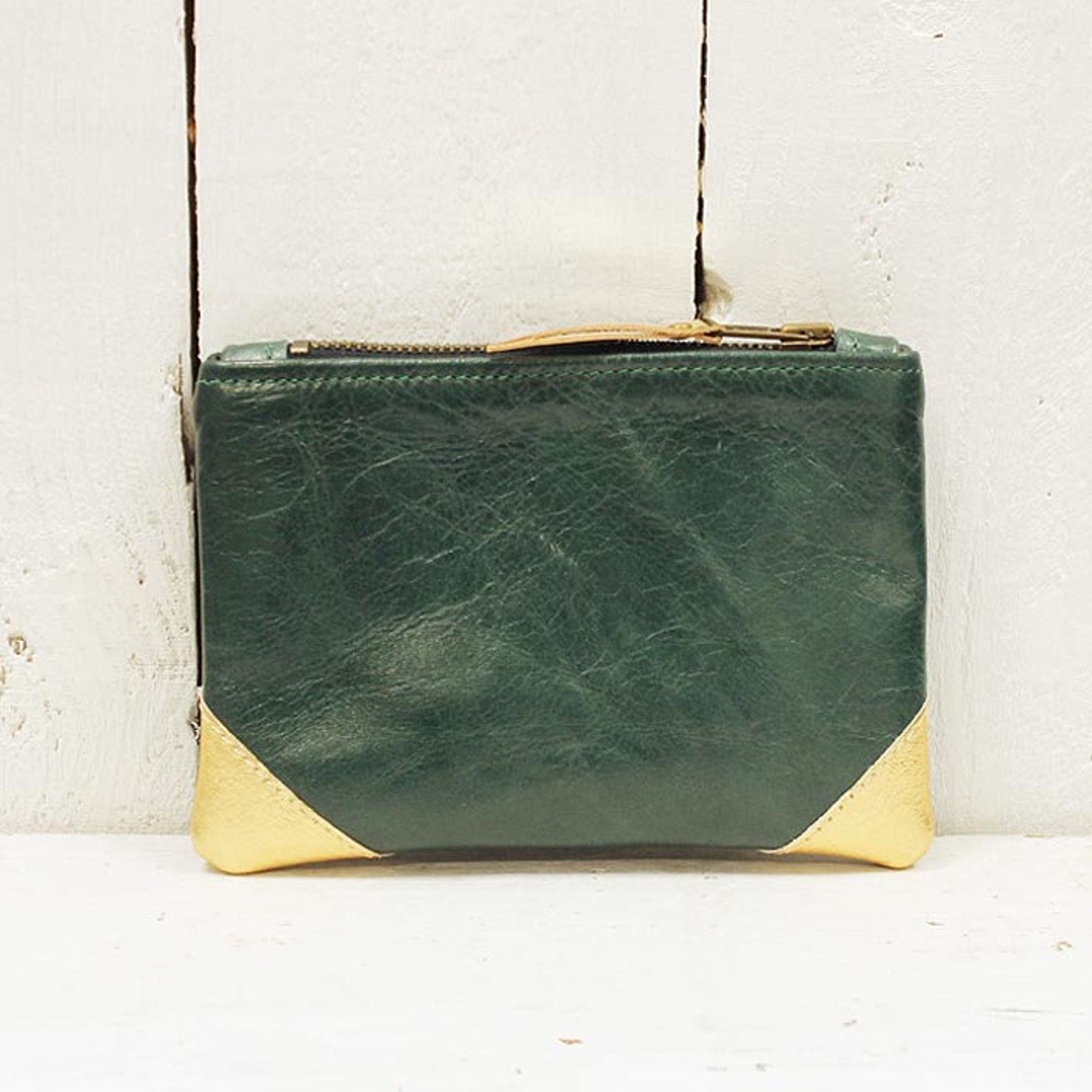 Gold Triangle Corner Leather Purse With Brass Metal Zip and Black ...