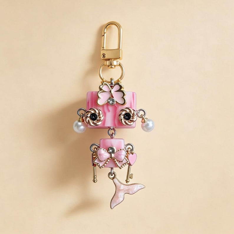 Handmade Pink Robot Keychain Bag Charm, Bow Rhinestone Mermaid Tail ...