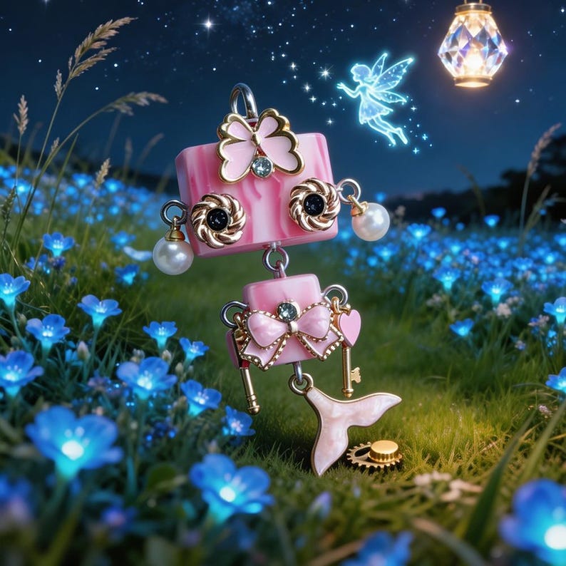 Handmade Pink Robot Keychain Bag Charm, Bow Rhinestone Mermaid Tail ...