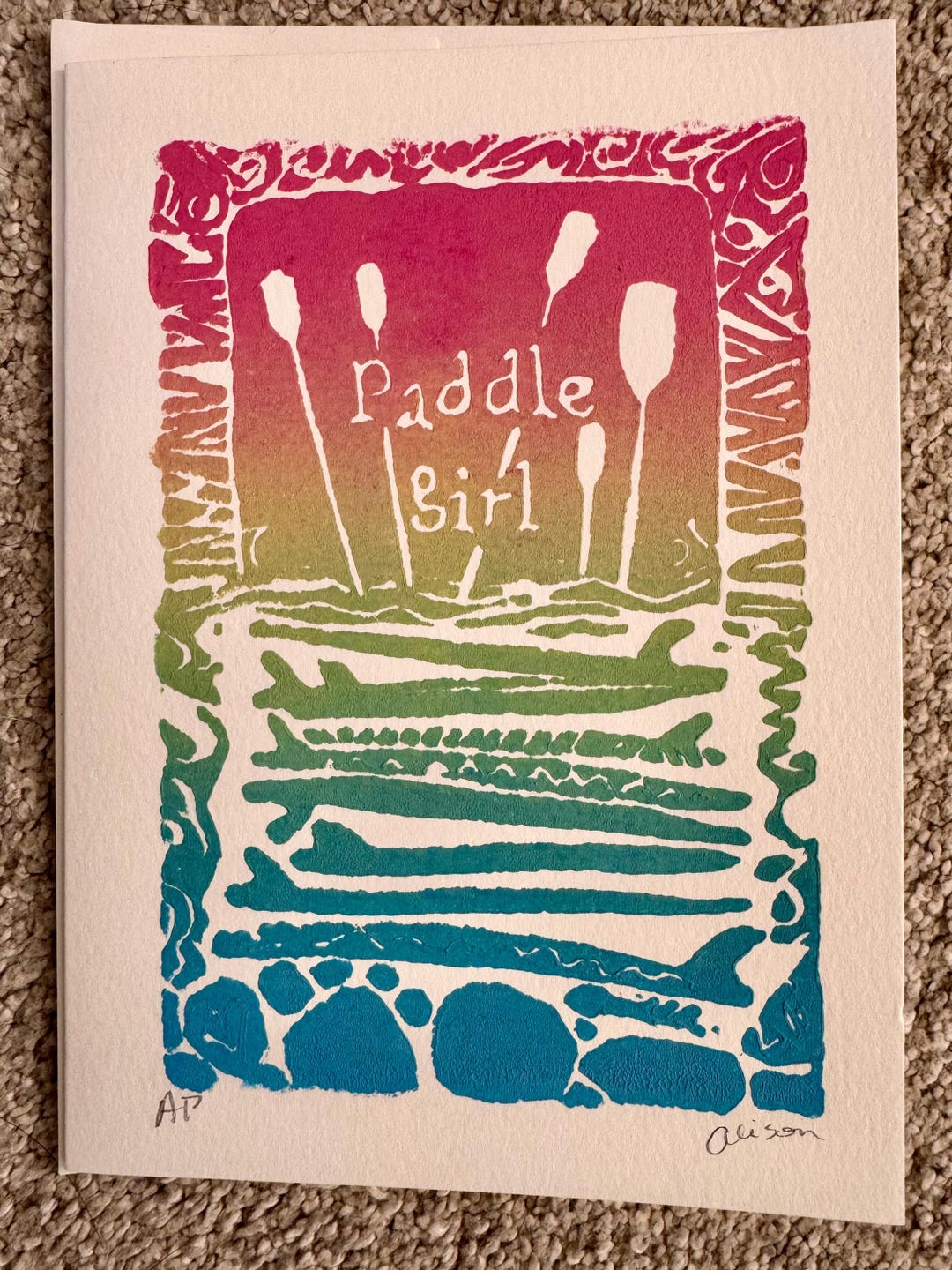 Paddle Girl Block Print, Stand up Paddle Art, Matted Linocut Print ...