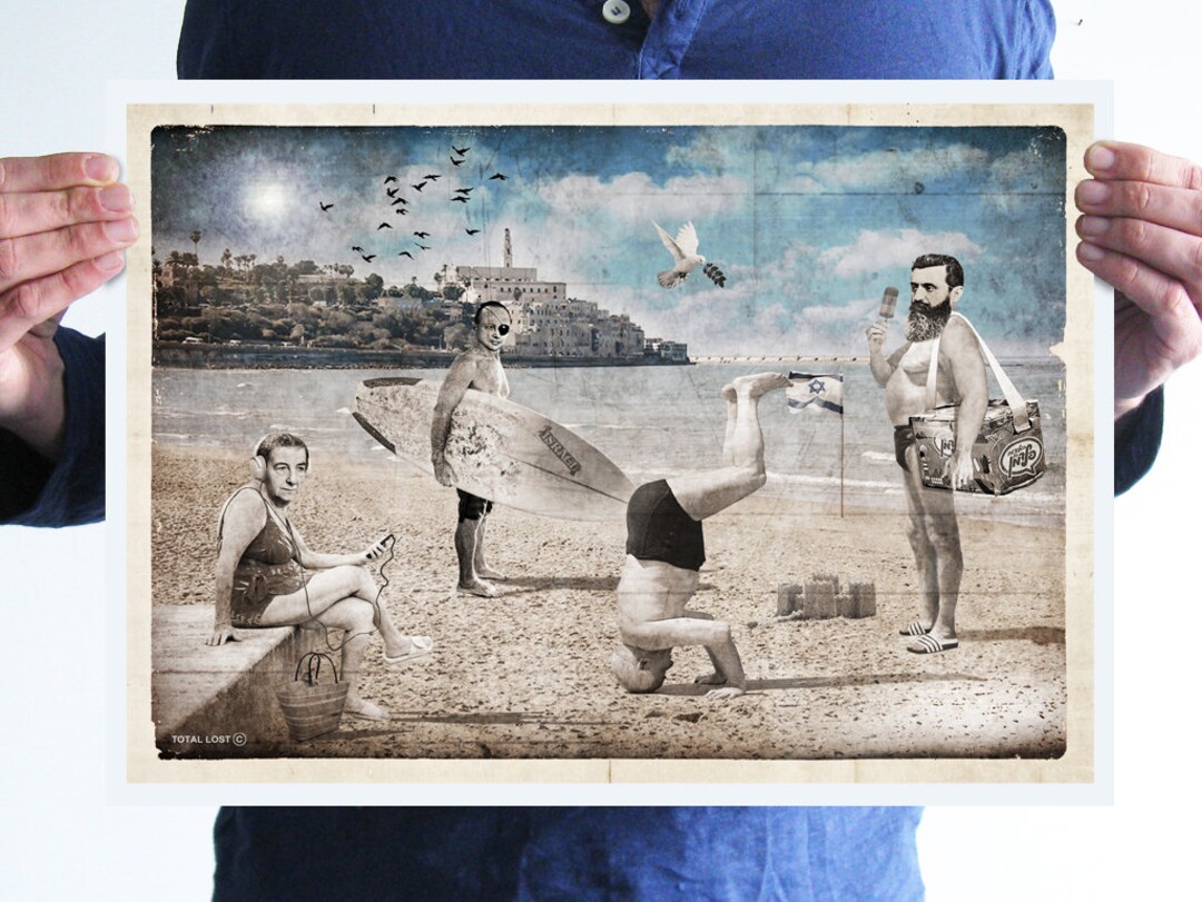 A Day at the Israel Beach ,NOT AI Art,binyamin Ze'ev Herzl Print,ben ...