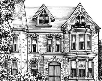House Portrait Commissioned Artwork Landscape in Ink Custom | Etsy