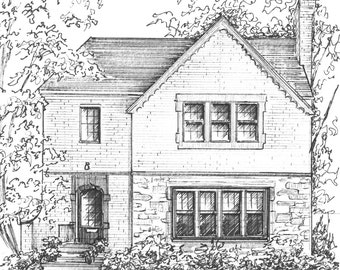 House Portrait Commissioned Artwork Landscape in Ink Custom | Etsy