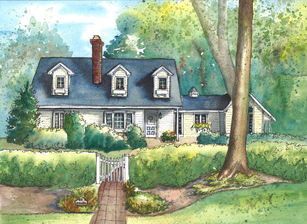 Home Painted in Watercolor With Ink Detailing, Artist Rendering of Your ...