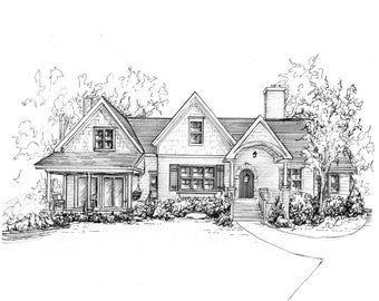 Custom House Sketch, Hand Drawn Home Portrait in Ink, Commissioned ...