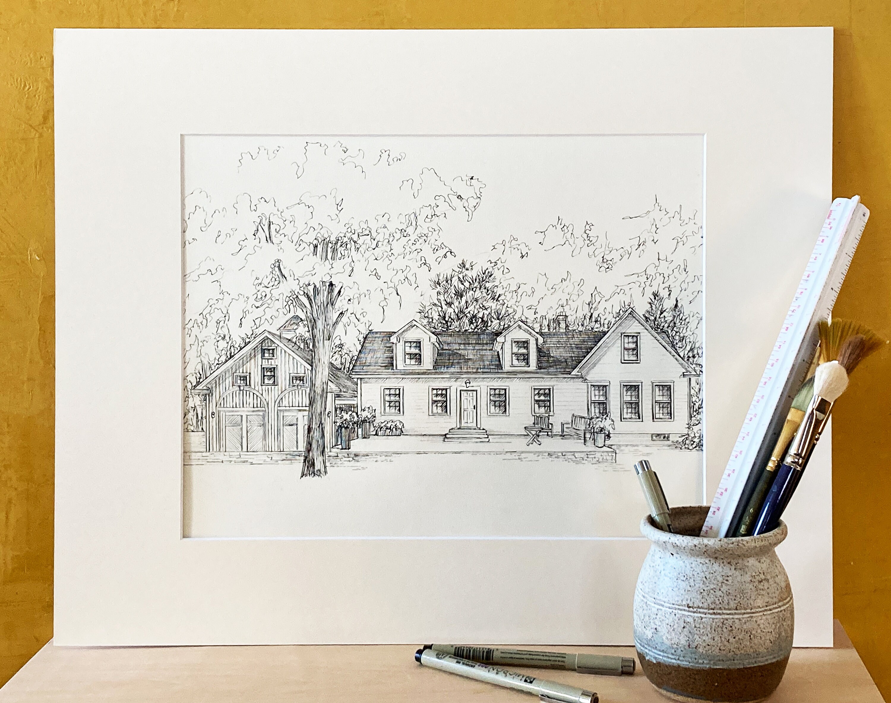 Custom House Portrait, Drawing of House in Ink, Black and White ...
