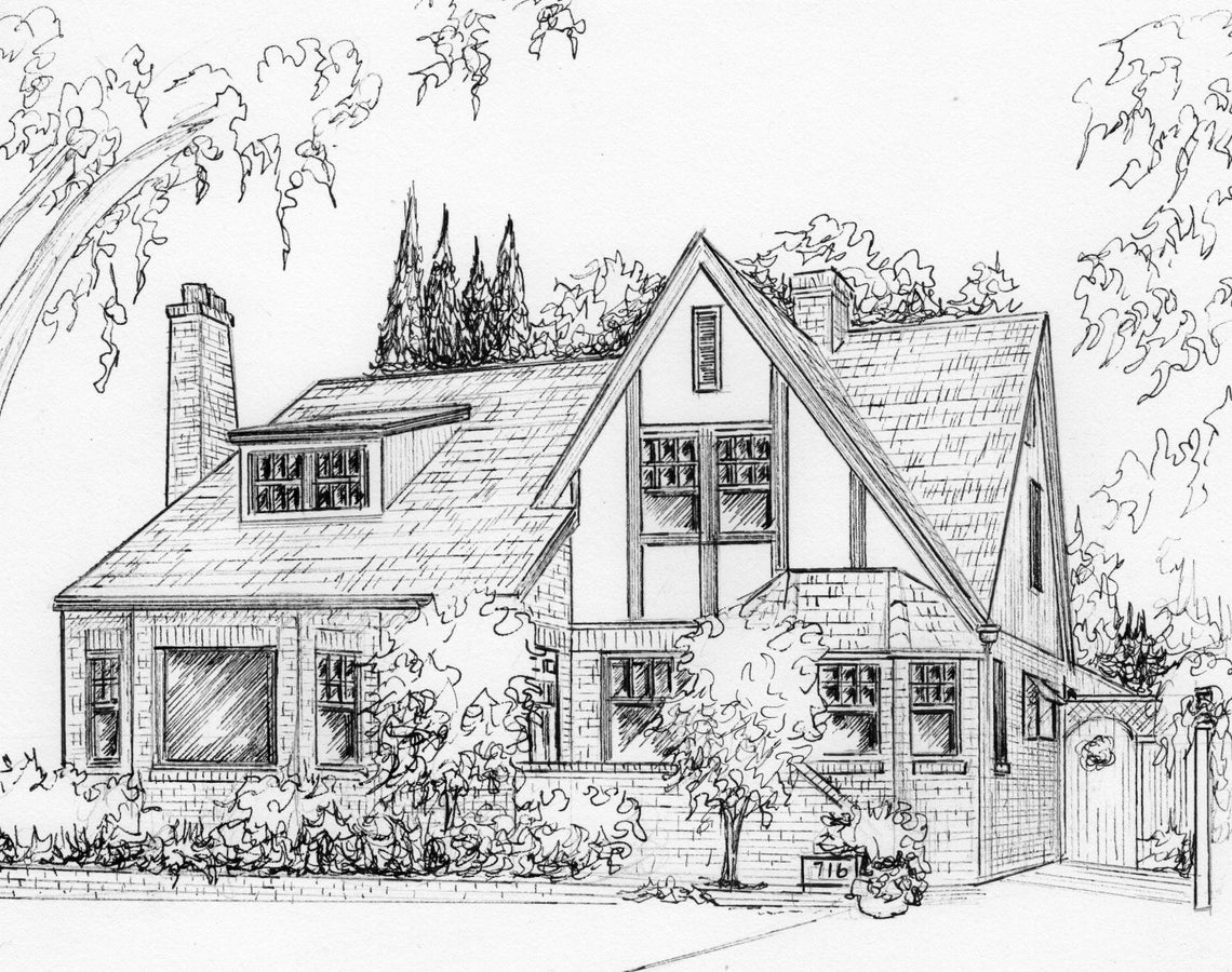 Custom House Portrait in Ink, Architectural Home Rendering Commissioned ...