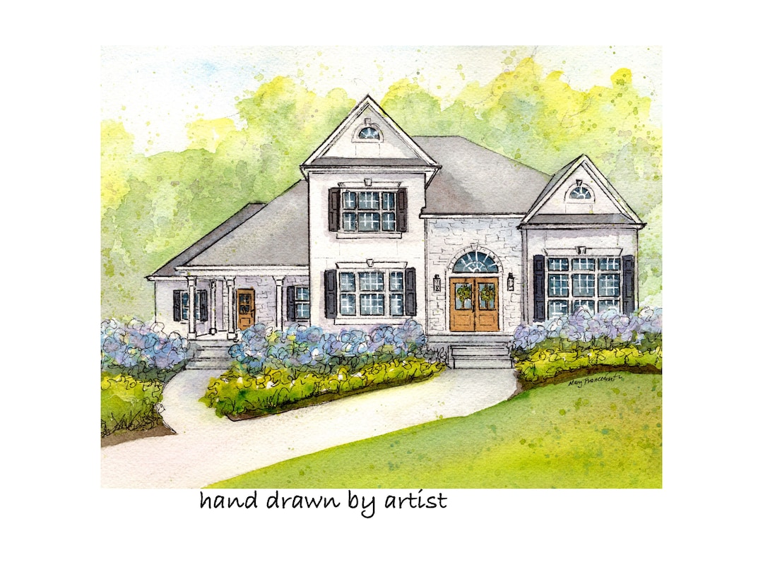 House Painting, Hand Drawn and Painted Watercolor Sketch of Your Home ...