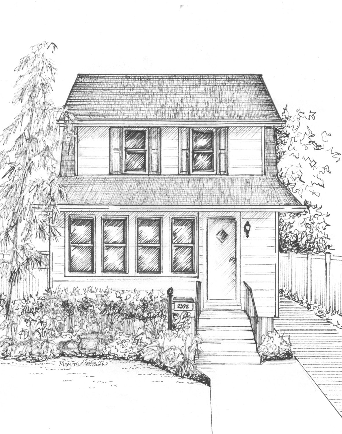 Custom House Sketch, Hand Drawn Home Portrait in Ink, Commissioned ...