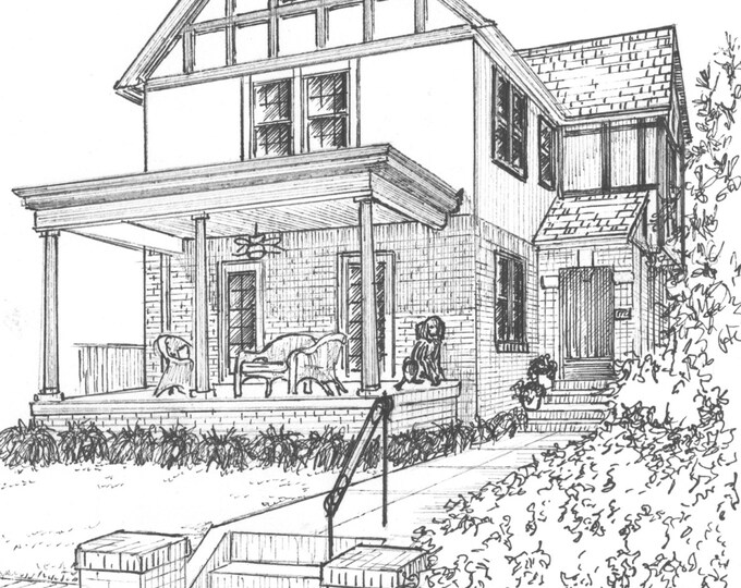 Custom Pen and Ink Portrait of House, Drawn From Photo, Including Mat ...