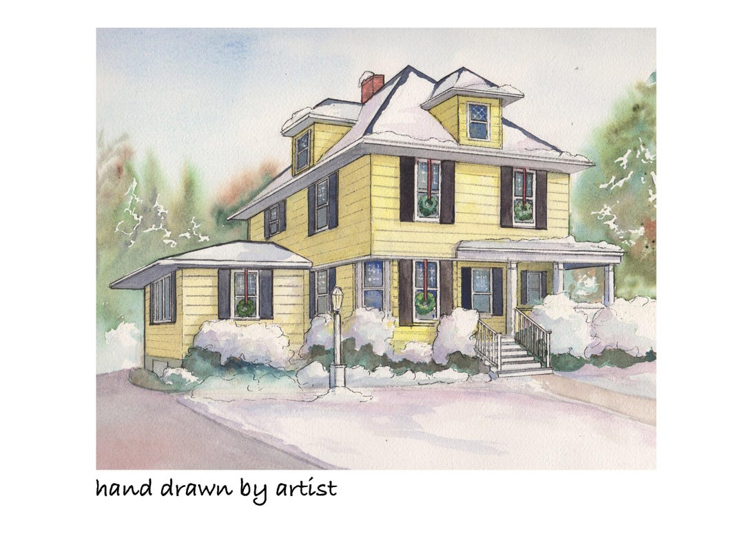 House Painting in Watercolor, Portrait Family Home, Hand Painted With ...