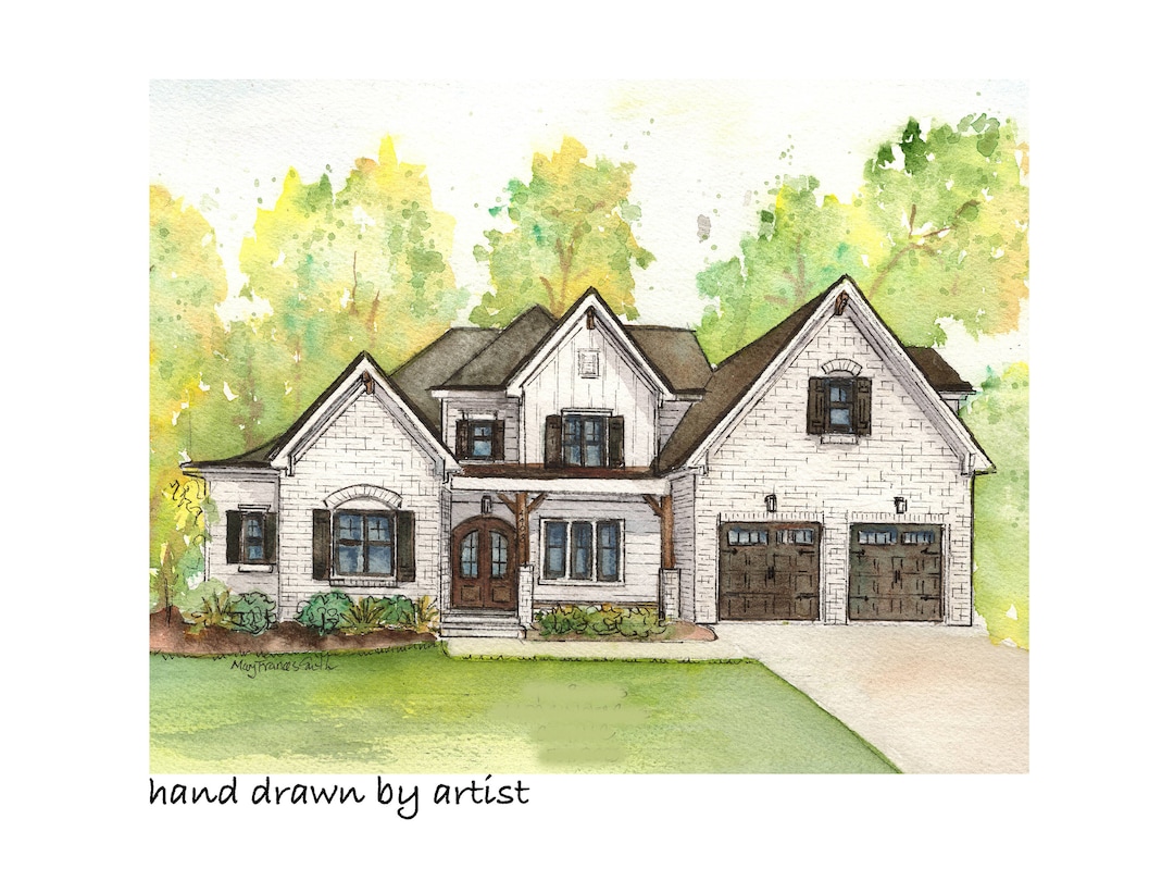 Artist Rendering of Your Home Painted in Watercolor With Ink Detailing ...