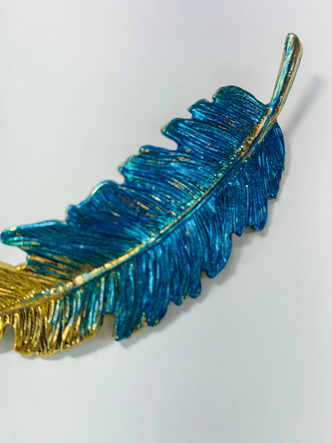 Gold & Blue Feather Barrette: Hand-painted Boho Hair Clip - Etsy