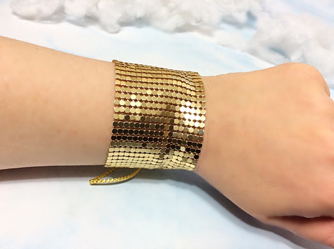 Gold Disco Cuff Bracelet, Metal Mesh Cuff Bracelet 1970s Disco Bracelet ...