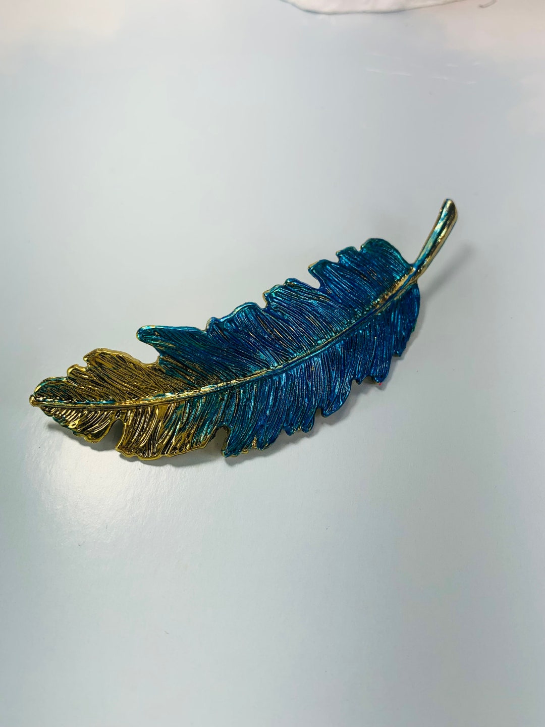 Gold & Blue Feather Barrette: Hand-painted Boho Hair Clip - Etsy